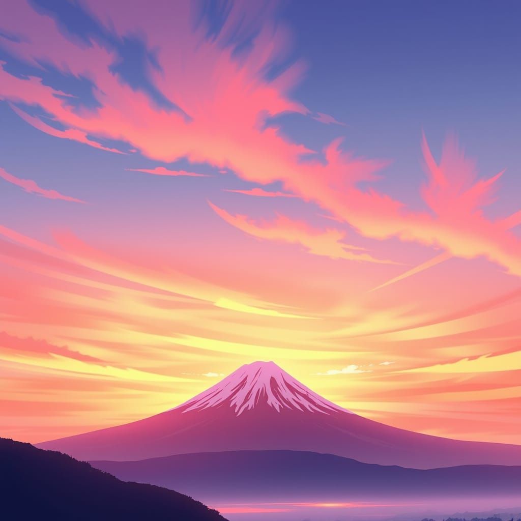 Mount Fugi sunset - Majestic Mount Fuji at Sunset in Anime-I...