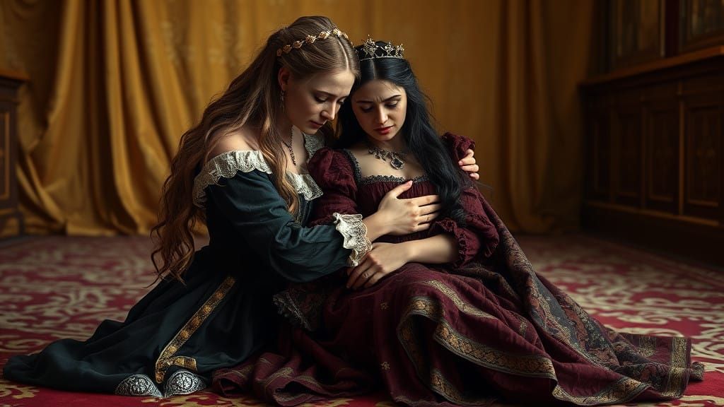 Tudor era Susan hugging a heartbroken Catherine
