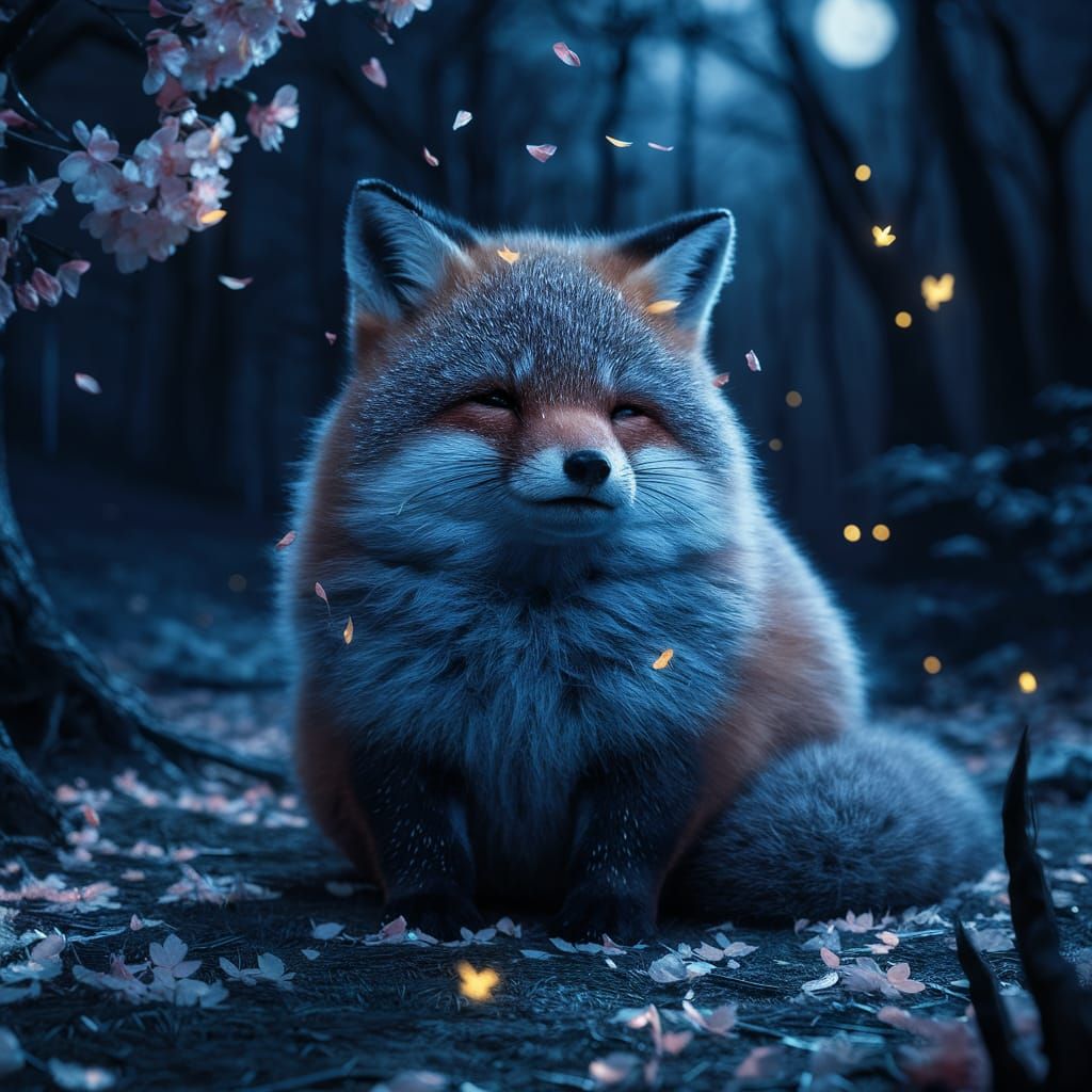 A hyper-realistic digital artwork of an adorable cute fox sitting on ...