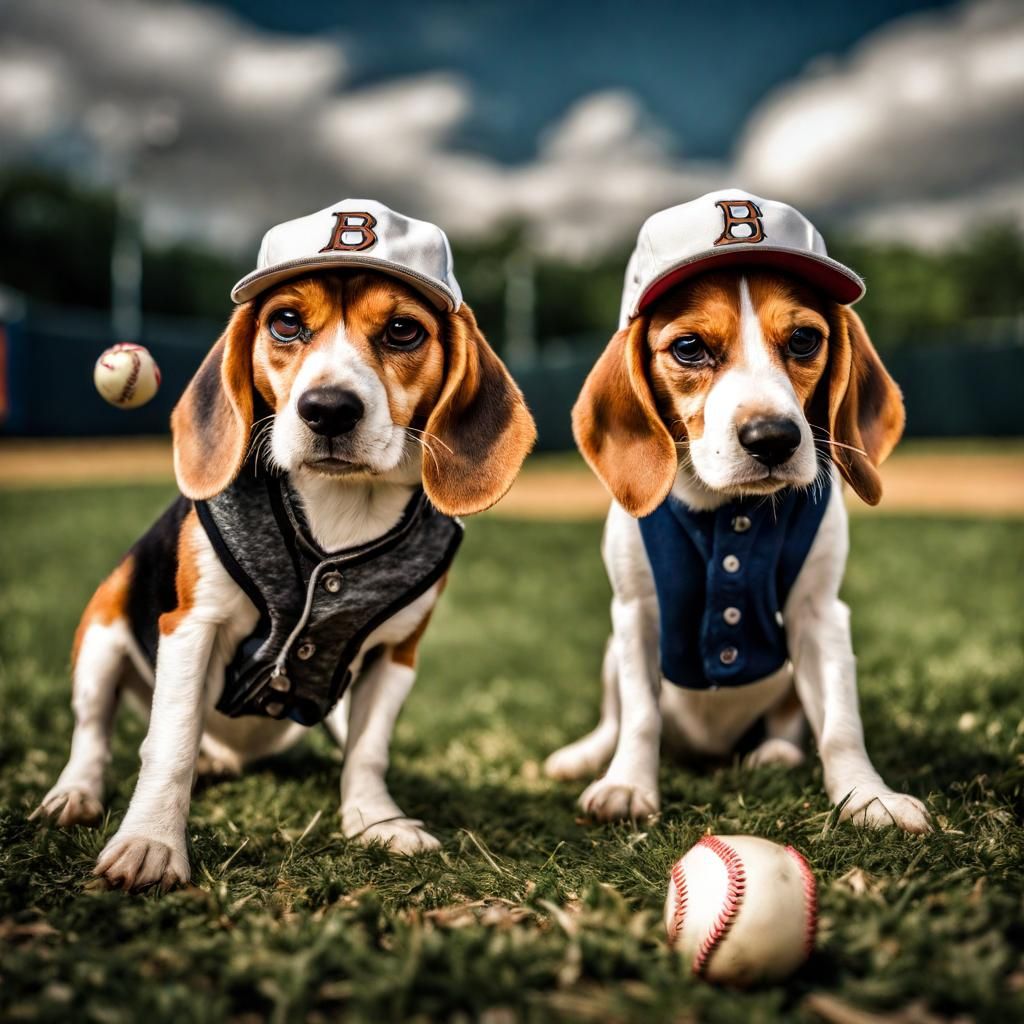 Beagles playing baseball wearing hats and tank tops with other beagles ...