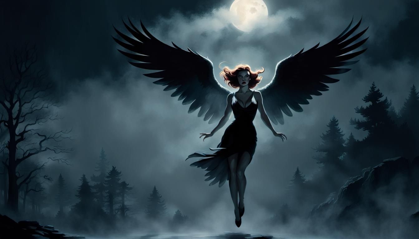 Shadow angel flying in the mist, nighttime, cinematic thriller - AI ...