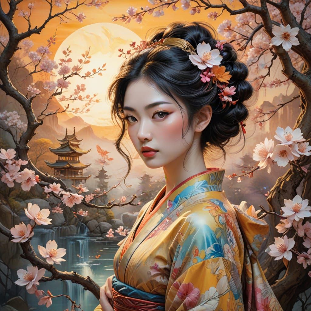 Ethereal Geisha Under Blossom Tree at Sunset in Li... - AI Art