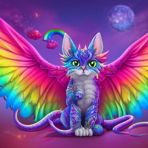 Fantasy cat dragon, rainbow wings. (DT3) - AI Generated Artwork ...