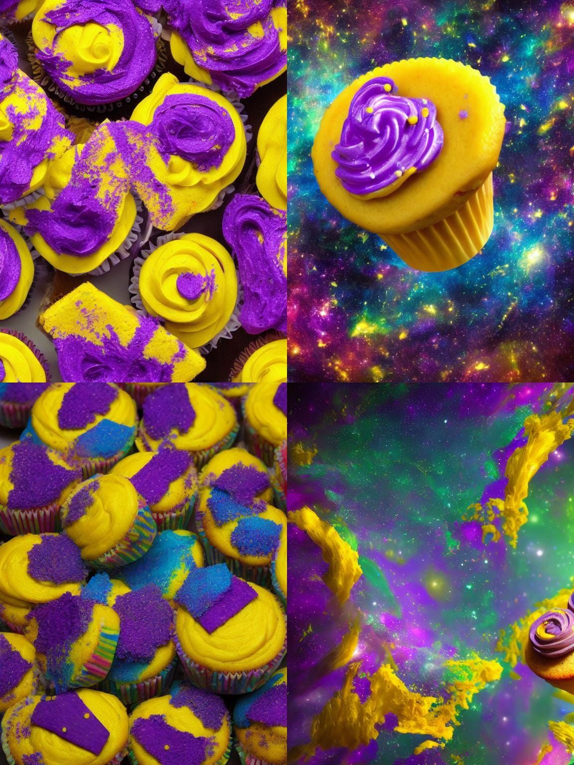A portrait of a yellow cupcakes with purple frosting in a galaxy. side ...