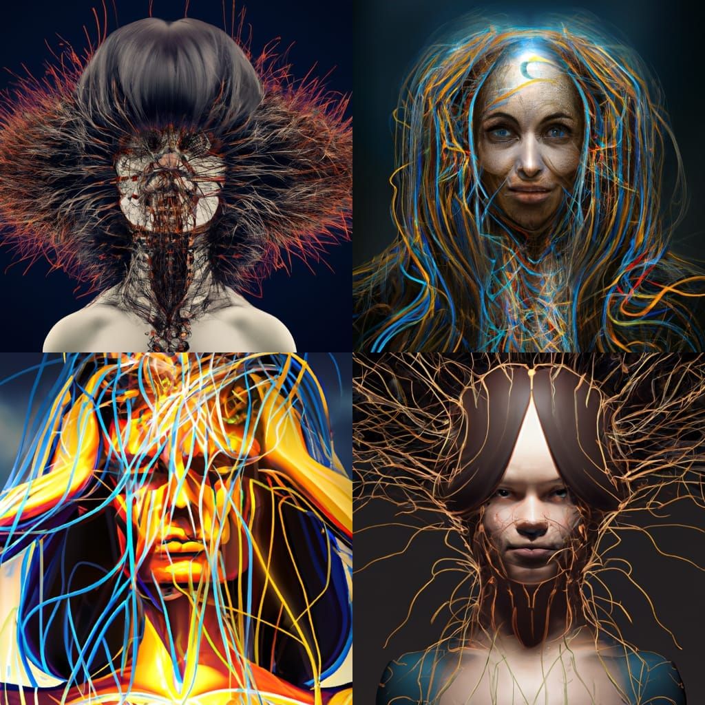 woman with electric wires as hair ! anatomic and technical electric wires , split wires , sparks ...