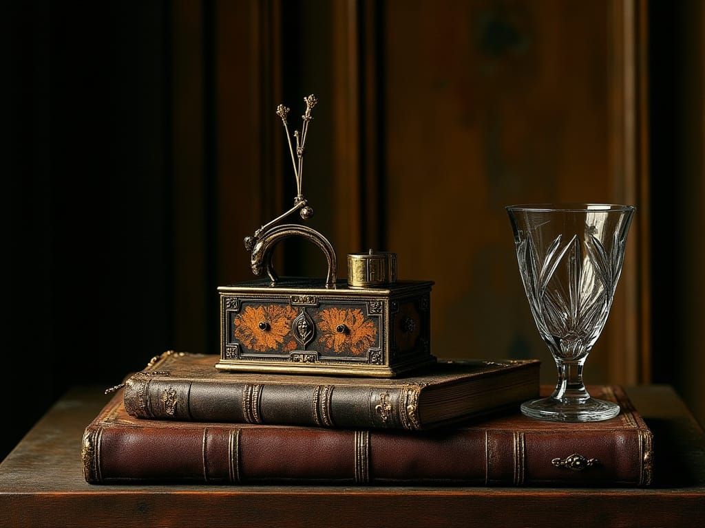 Still Life Masterpiece in Dark Wood Tone - AI Art