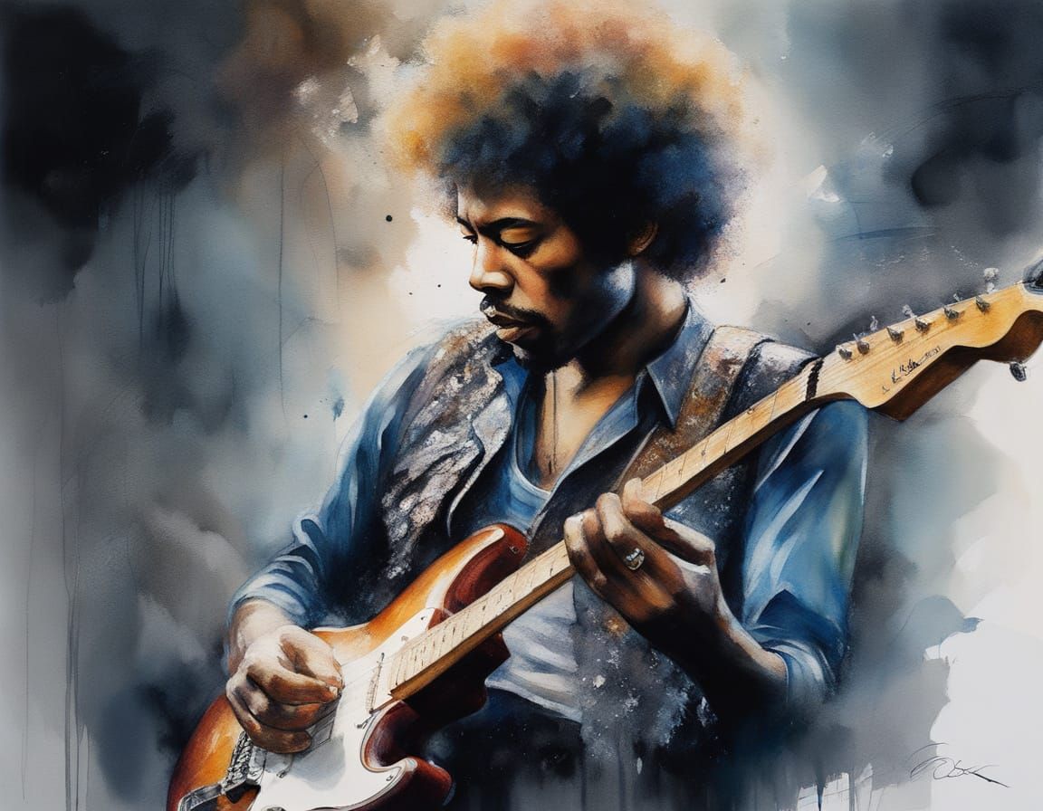 Jimi Hendrix performs with closed eyes and deep concentration, holding ...
