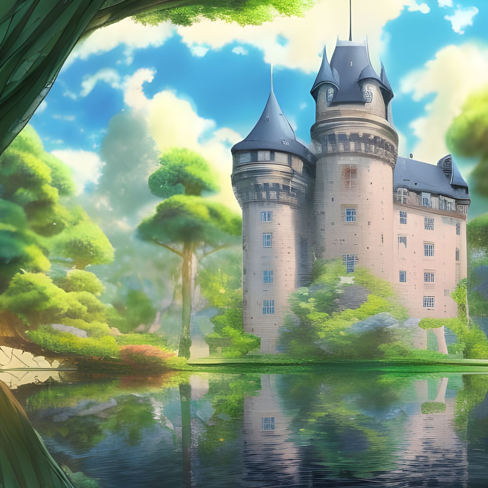 Un château médiéval le reflet du chateau dans l'eau avec une verdure luxuriant 1080hd 4k ...