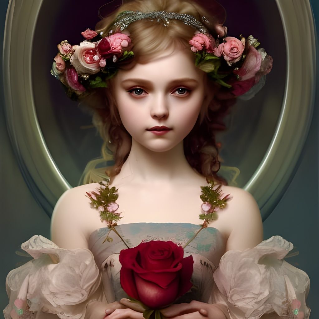 a tiny porcelain doll with very beautiful face, in a rose princess ...