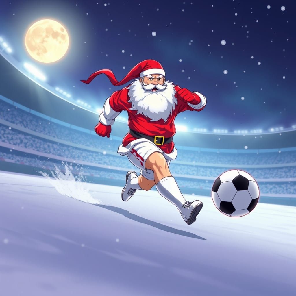 Santa Claus Kicks Soccer Ball under Dim Moonlight ... - AI Art