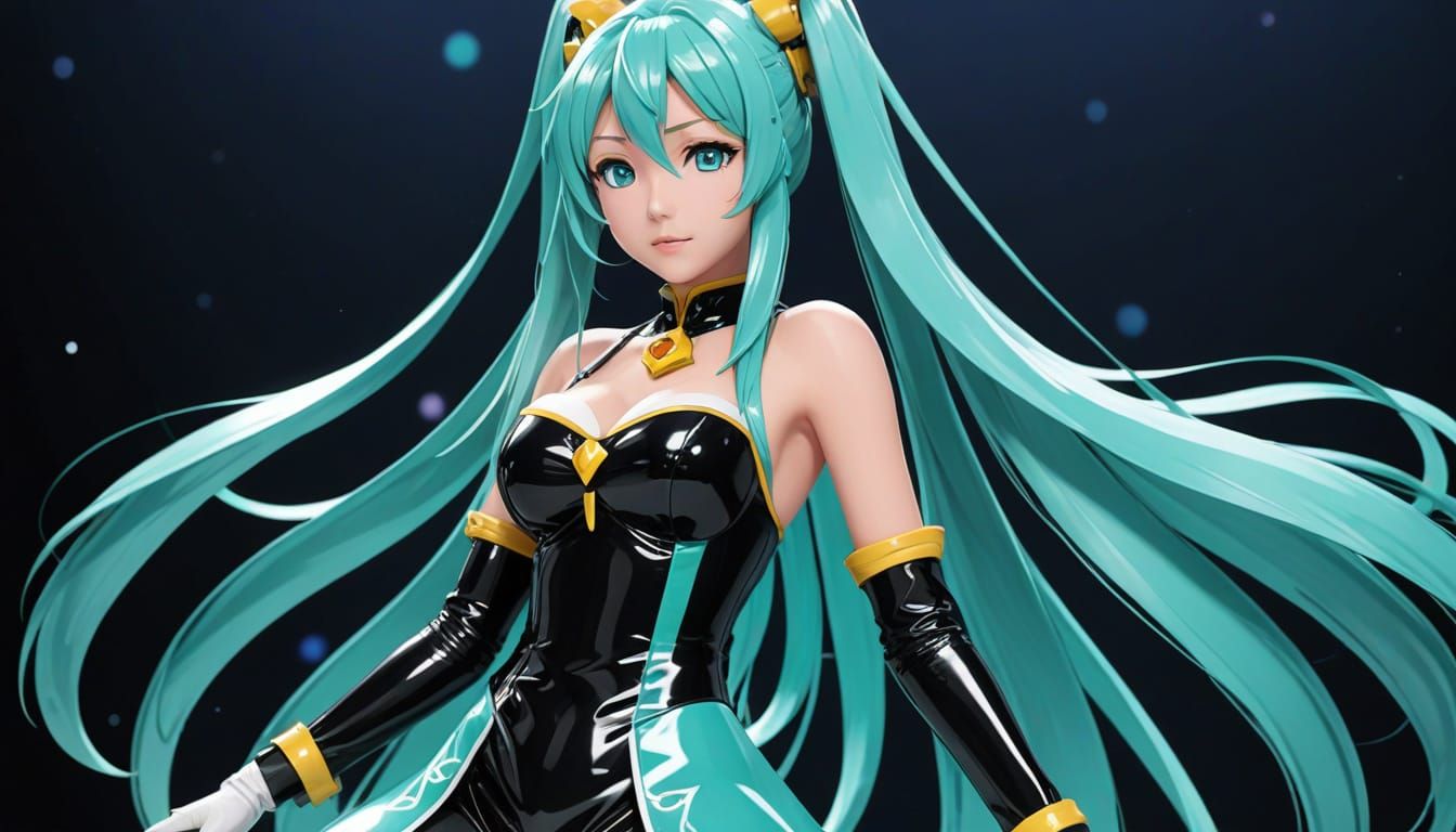 Vocaloid Idol Performs in Cyberpunk Latex Costume - AI Art