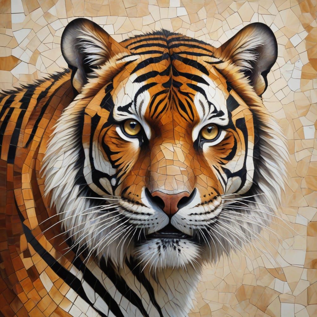 Realistic oil painting. A wall mosaic depicting a tiger. The mosaic ...