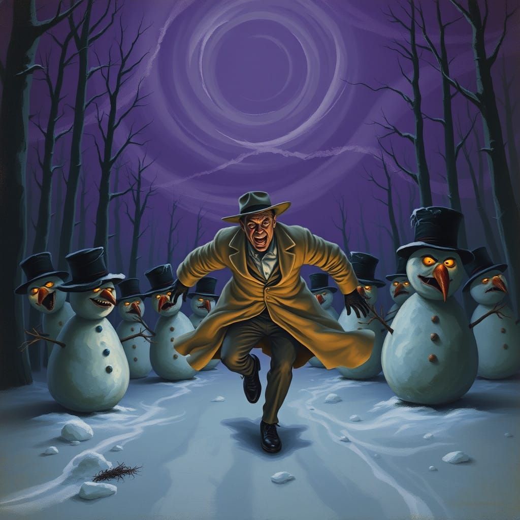 Frosty the Snowmen Pursue a Frantic Figure in Dark... - AI Art