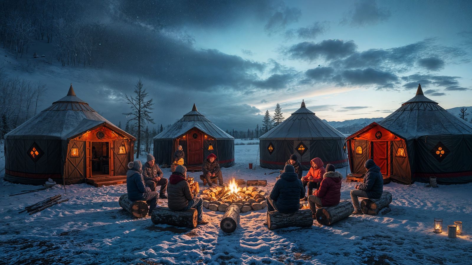 Yurt Camping - Cozy Winter Yurt Gathering in Snowy Landscape