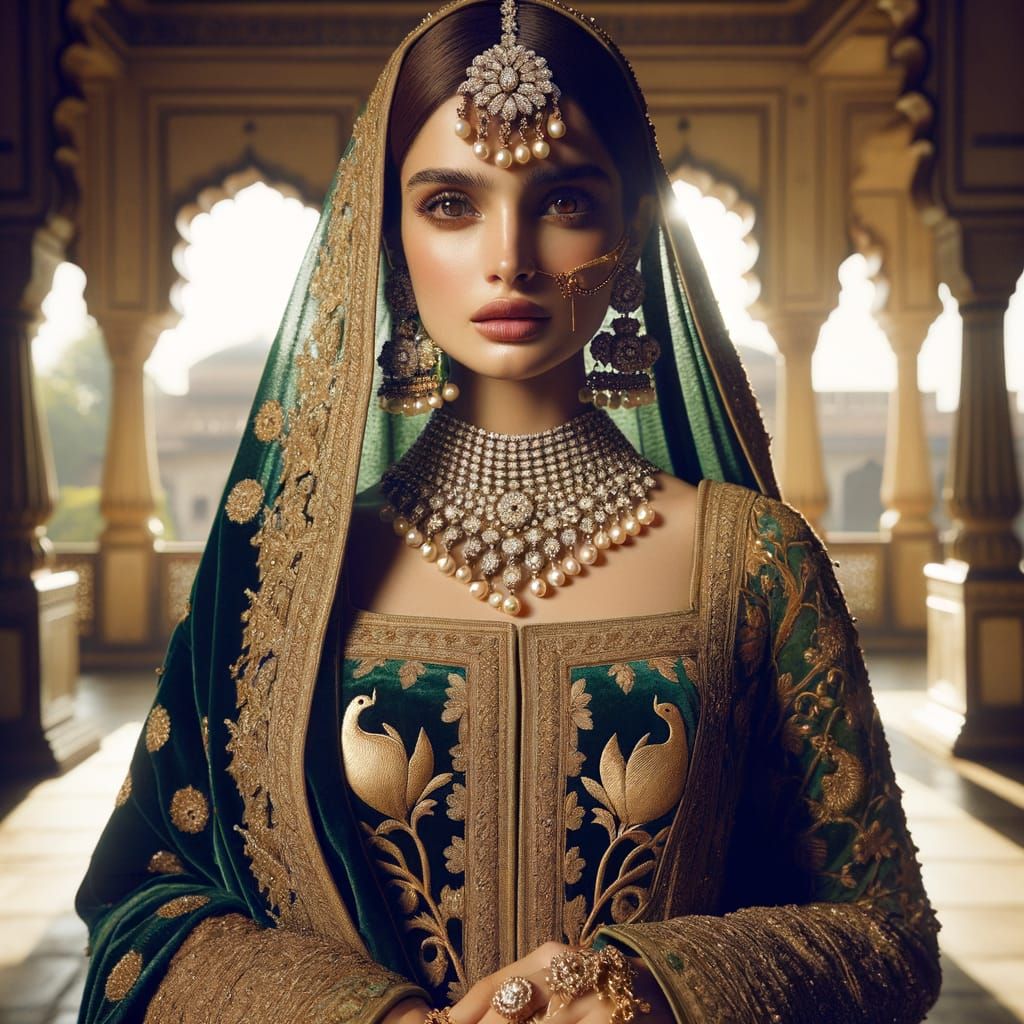 Mughal Princess - Mughal Woman in Emerald Velvet Anarkali Su...
