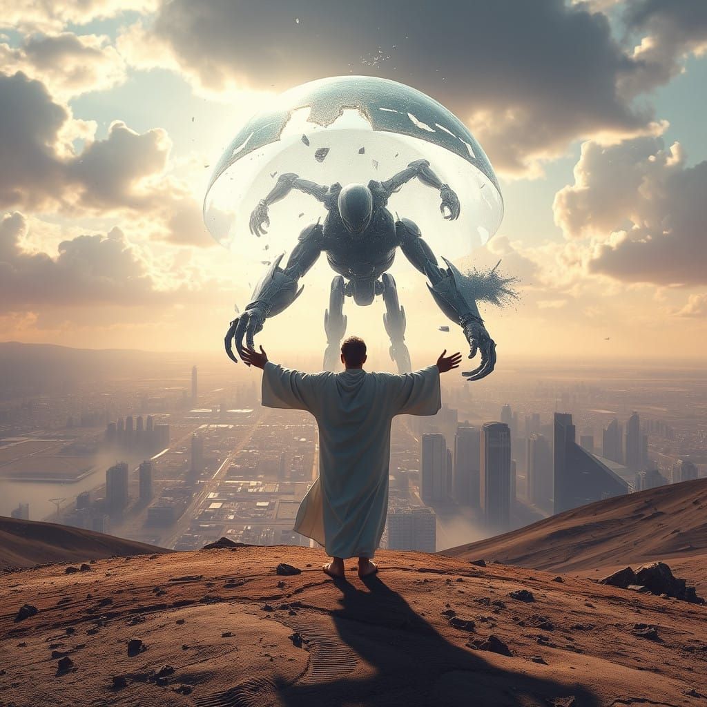 Cyberpunk Apocalypse: Man Shatters the Dome, Robot... - AI Art