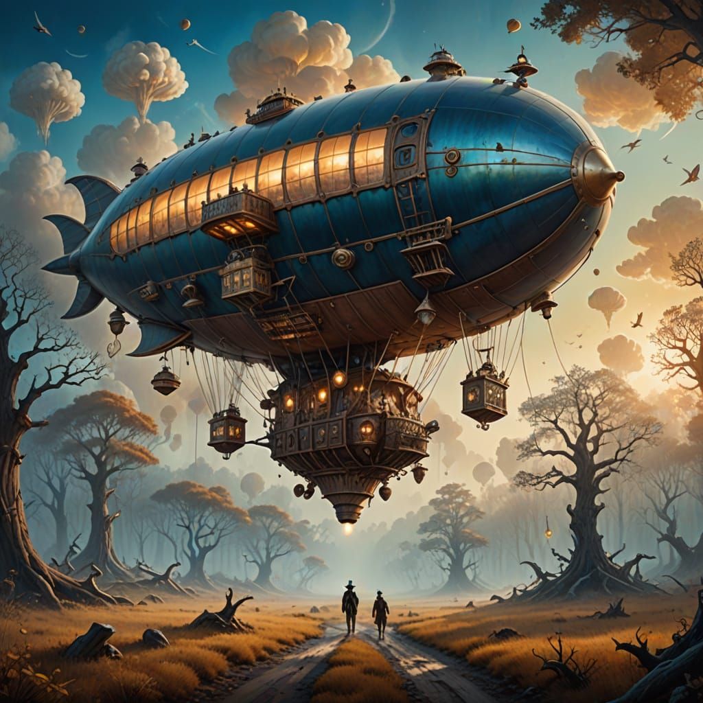 Ethereal Steampunk Blimp Sails Above Whimsical For... - AI Art