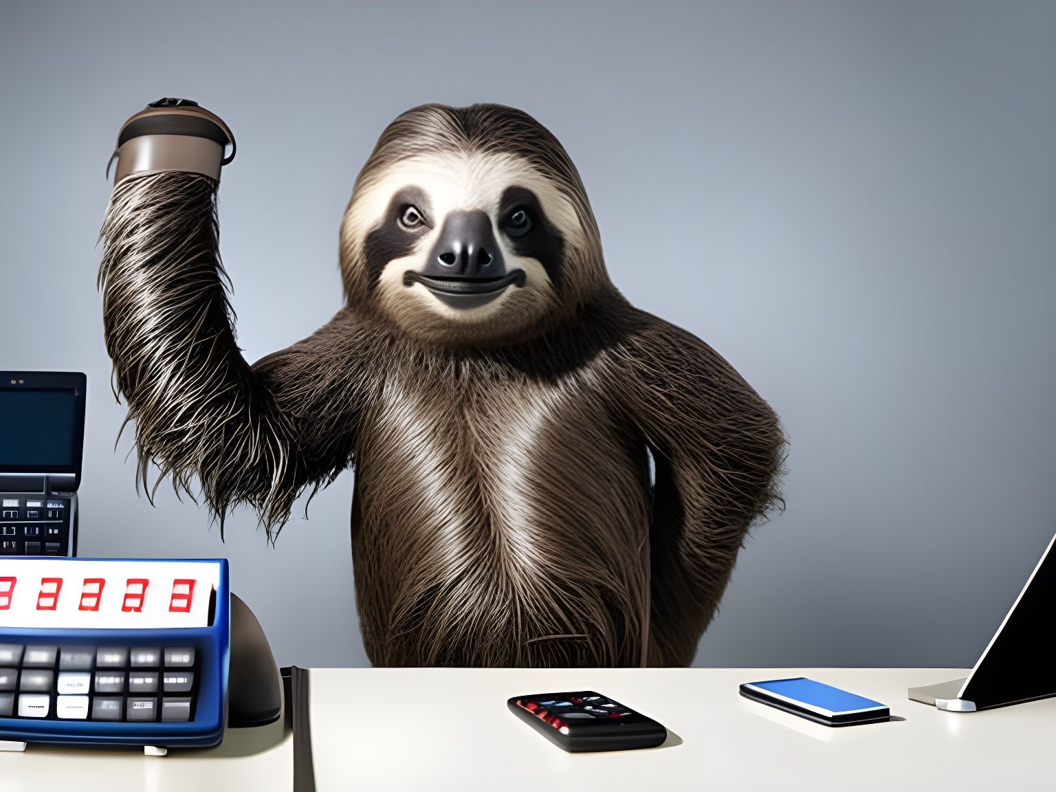 My Accountant is a Sloth, sloth in a suit, sloth using a calculator ...