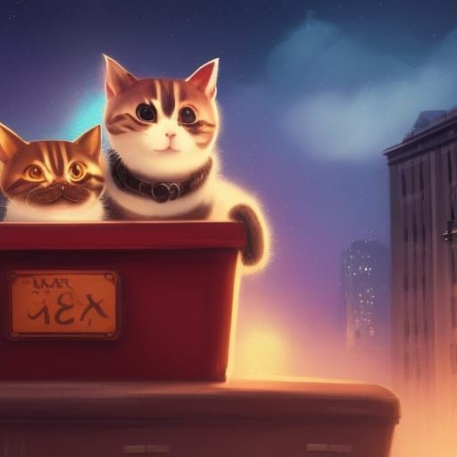 Cute Cats in a box cuddle in an City Street allay at Night - AI ...
