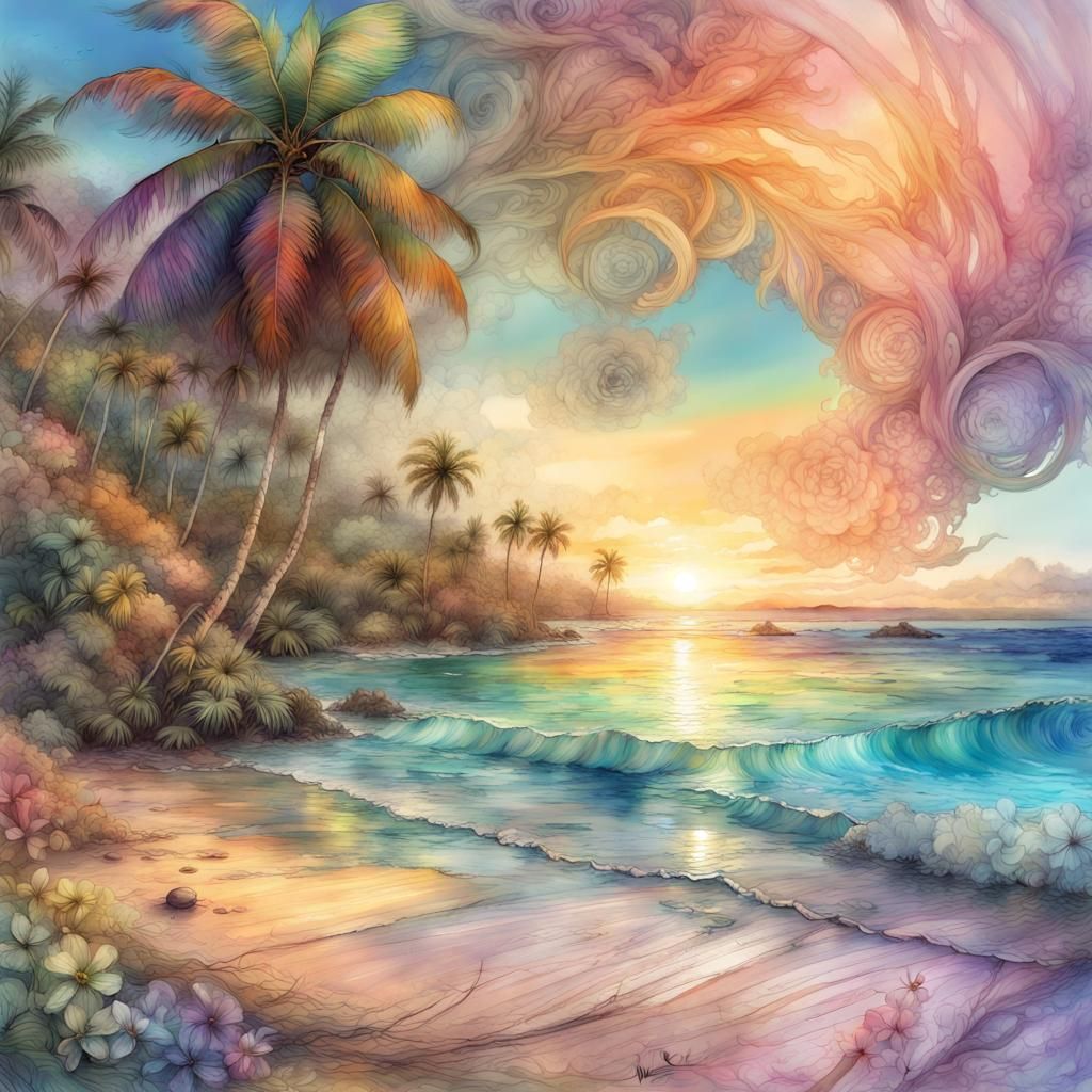 chaotic beautiful Fiji beach scene pastel rainbow, Digital watercolor ...
