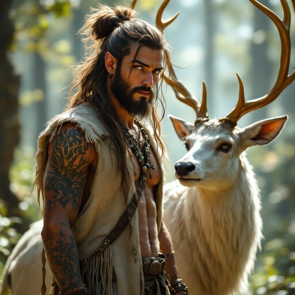 Gildyr (ish) and Karus - Wood-Elf Druid and Stag in Lush For...