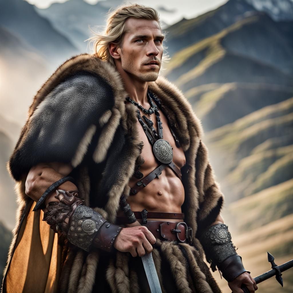young barbarian man, face tattoes, blond hair, leather armour, wearing ...