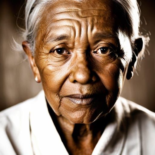 portrait of an old sad female person in sorrow with aboriginal origin ...