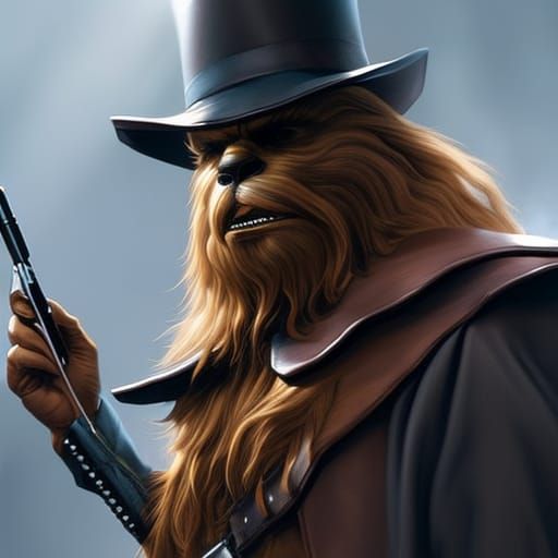 Closeup of Chewbacca dressed as Sherlock Holmes holding a phone ...
