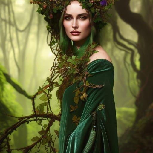 Beautiful Celtic priestess dressed in green velvet dress, in a mystical ...