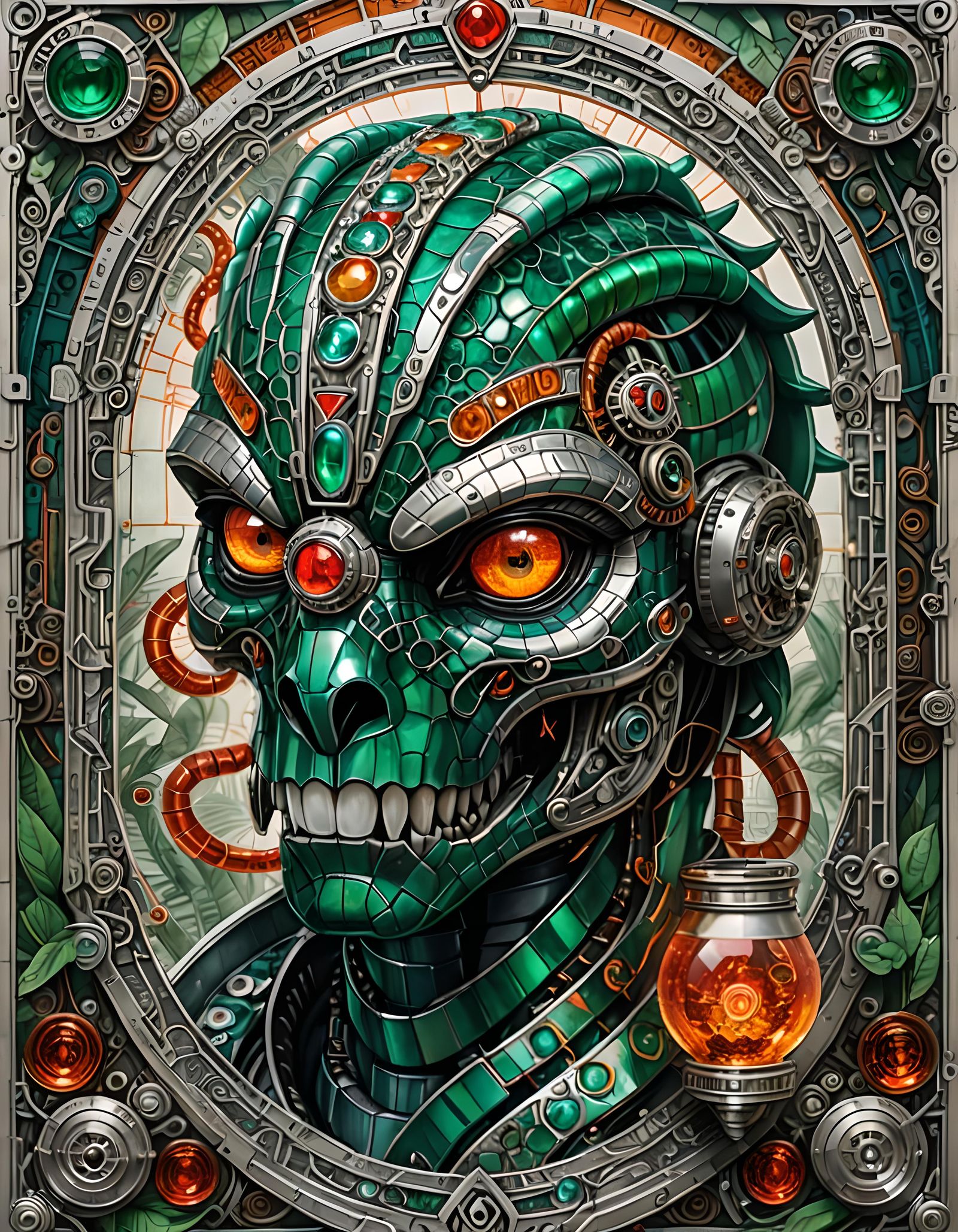 elaborate complex emerald scaled with silver Aztec runes framed silver ...