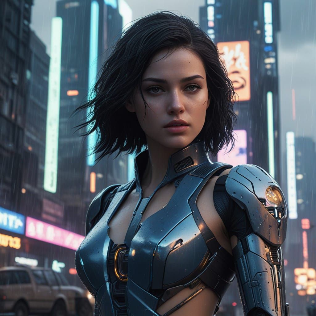 cyber space 4 - Sleek Cyberpunk Robot Goddess Amidst Dystopi...