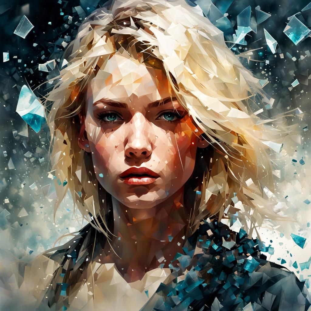 A watercolour picture of a beautiful female made out of shards of ...