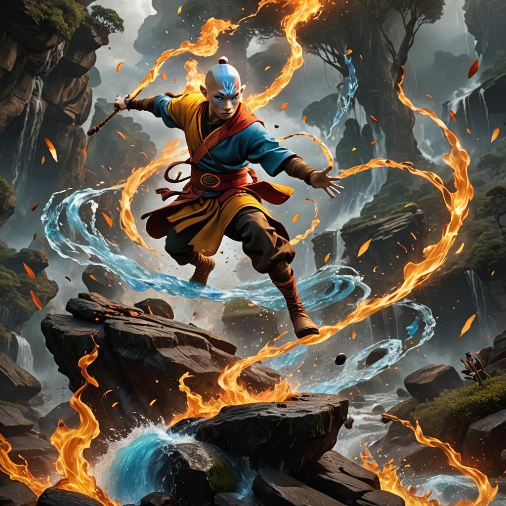Avatar Aang using all elements, fire, water, earth and wind - AI ...