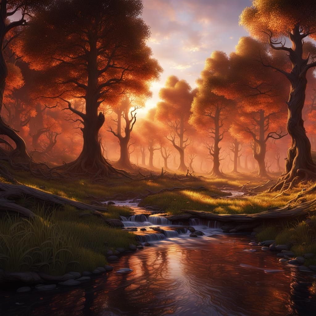 dramatic fantasy scenery at sunset, of a forrest with a glistening ...