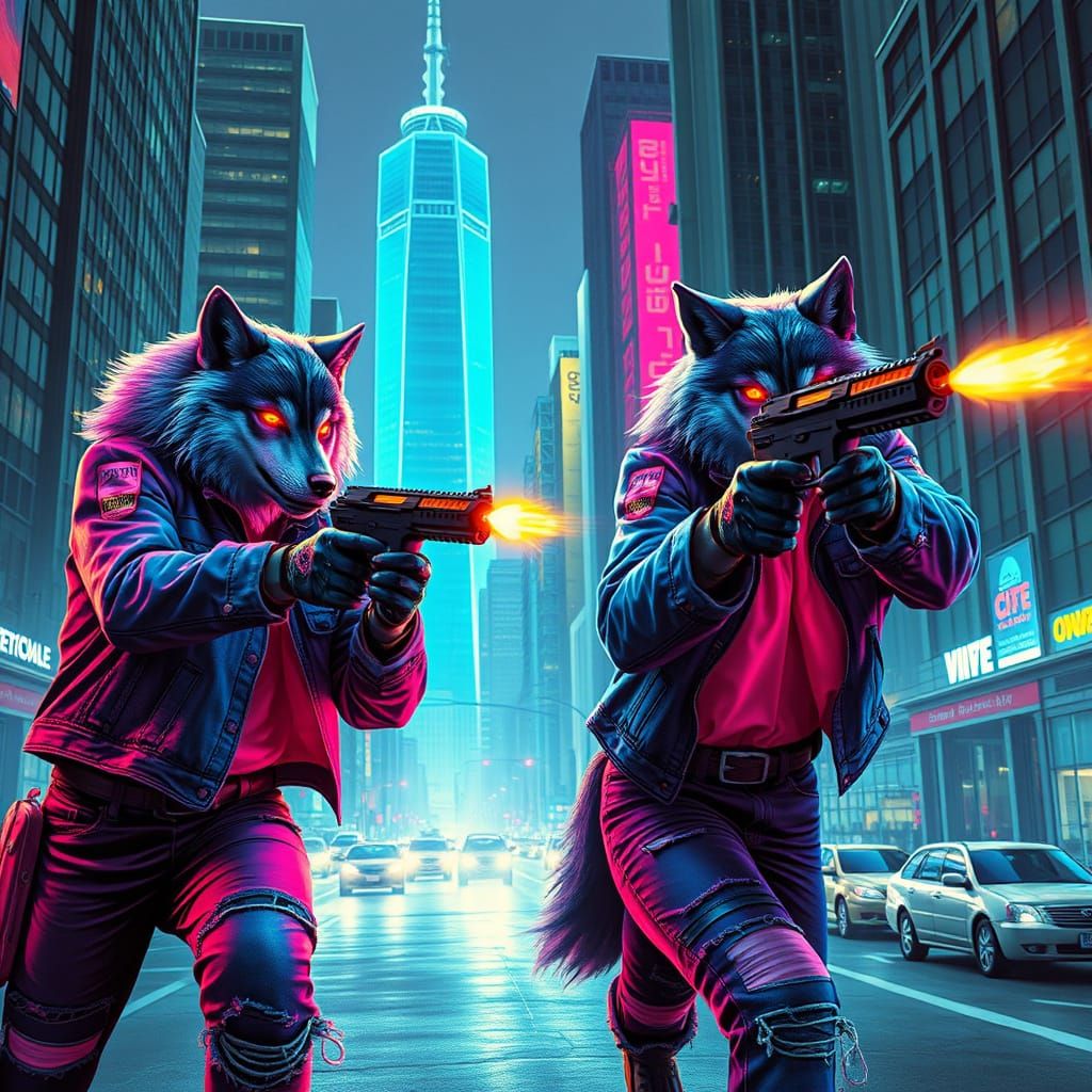 Wolfpack shoot out - Neon Wolves Engage in Retro-Futuristic...