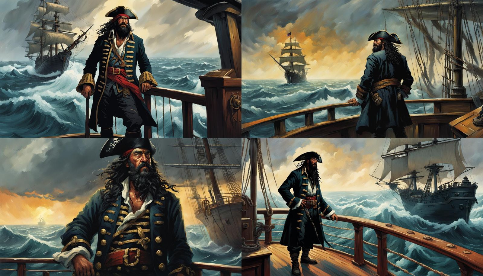 An intrepid pirate captain, Blackbeard, stands on the deck of his ship ...