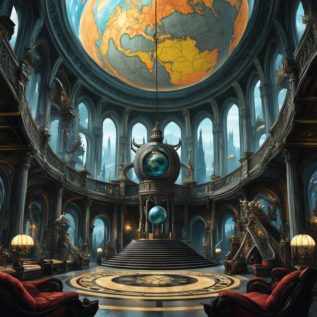 Epic Throne Room with Warriors and a Giant Globe i... - AI Art