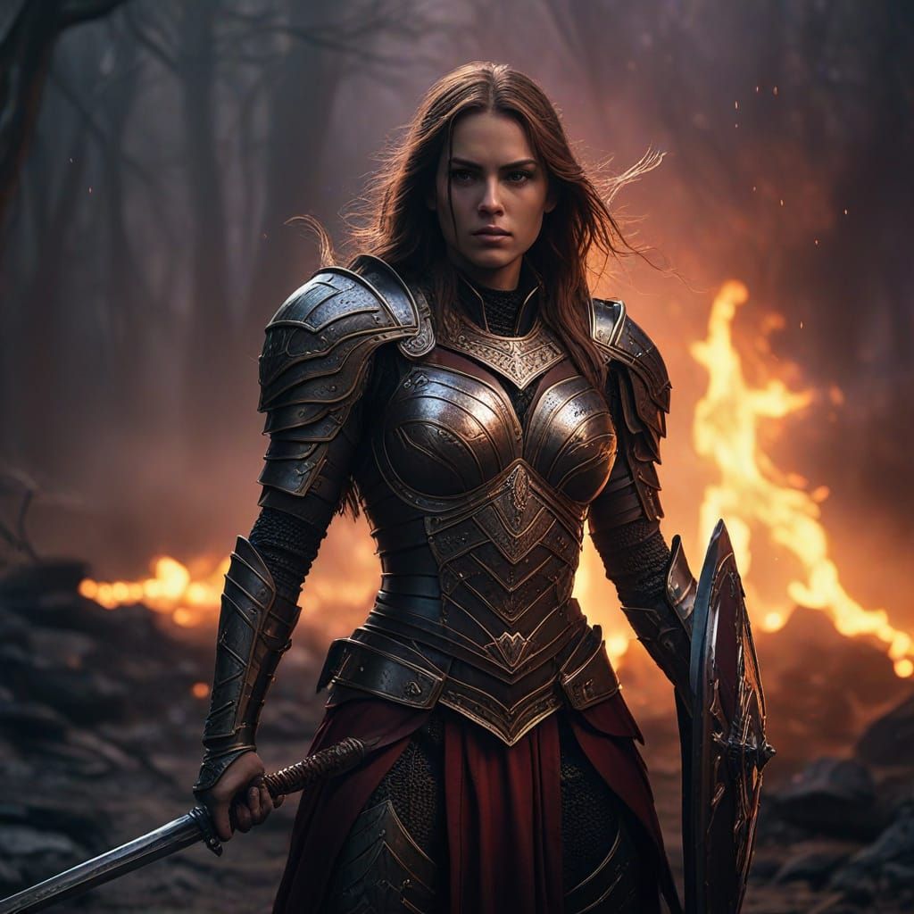 Goddess of War in Crimson and Violet Armor - AI Art