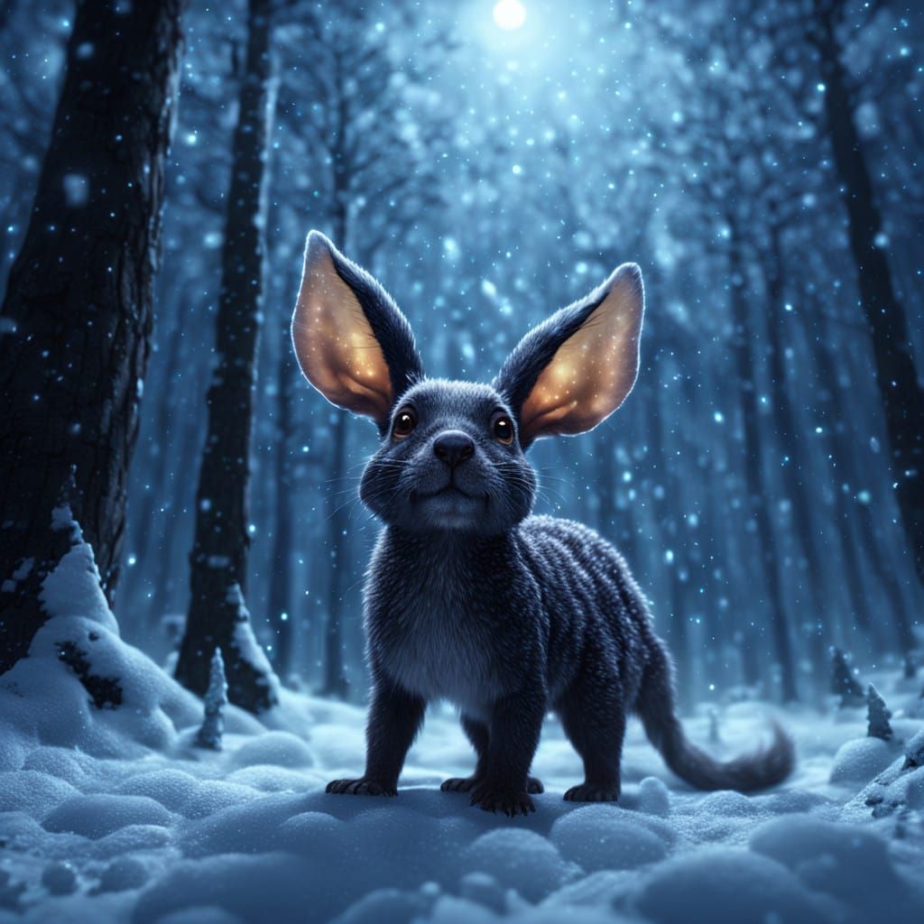 A Tiny Creature Surveys Snowfall in a Midnight For... - AI Art
