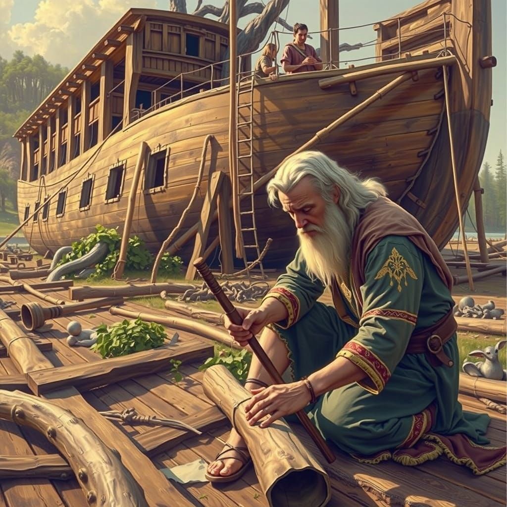 Noah, wearing ancient biblical clothing, takes a moment to pause from ...