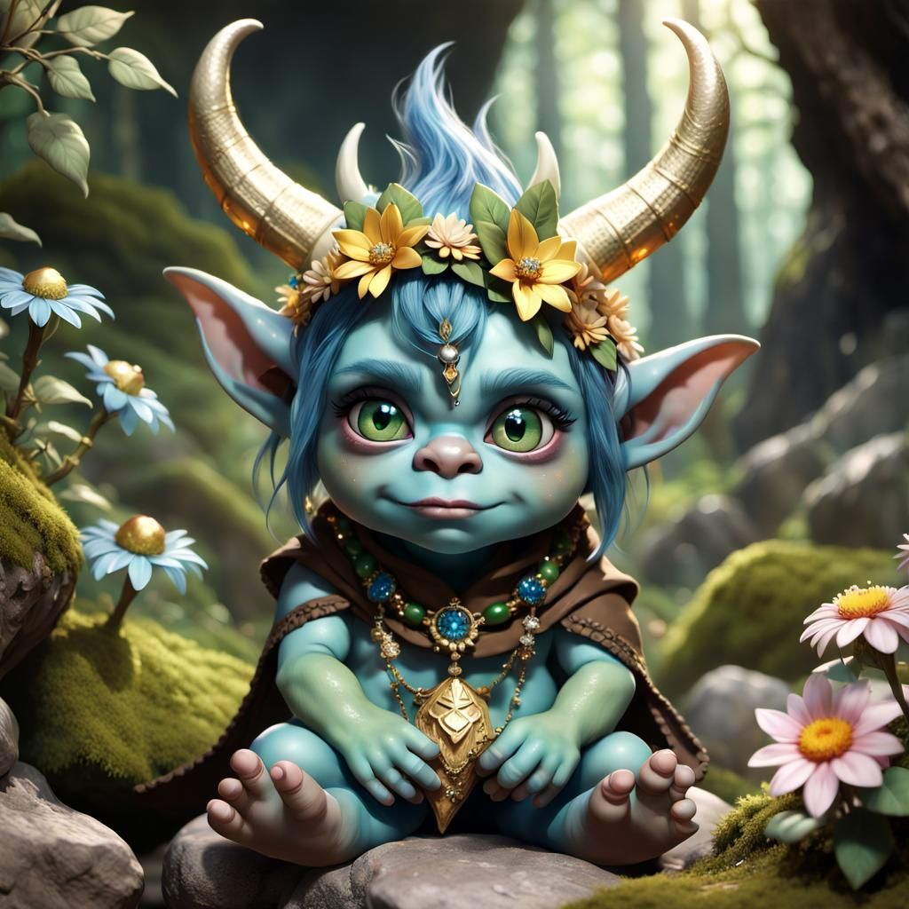 close up of an adorable, cute little ogre, blue, brown and green ...