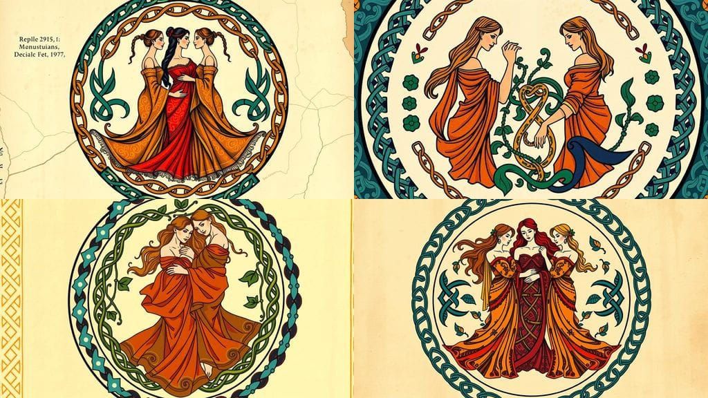 A circular Celtic knotwork design featuring three stylized women ...