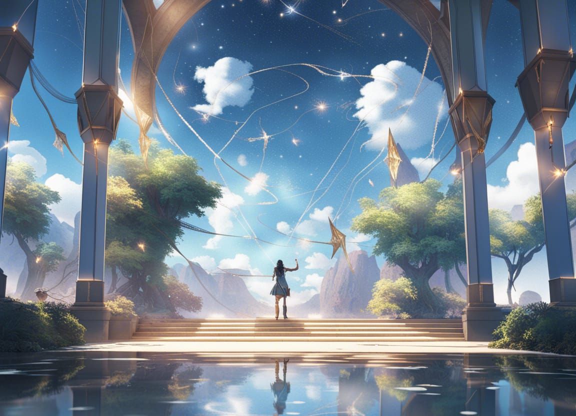 A celestial wand, uplifted from stardust by an ancient mage, casts ...