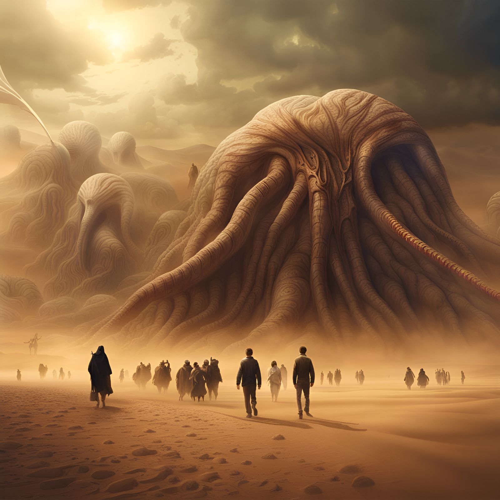Crowd of people gathered, desert, alien, tentacle, monster, rising from ...