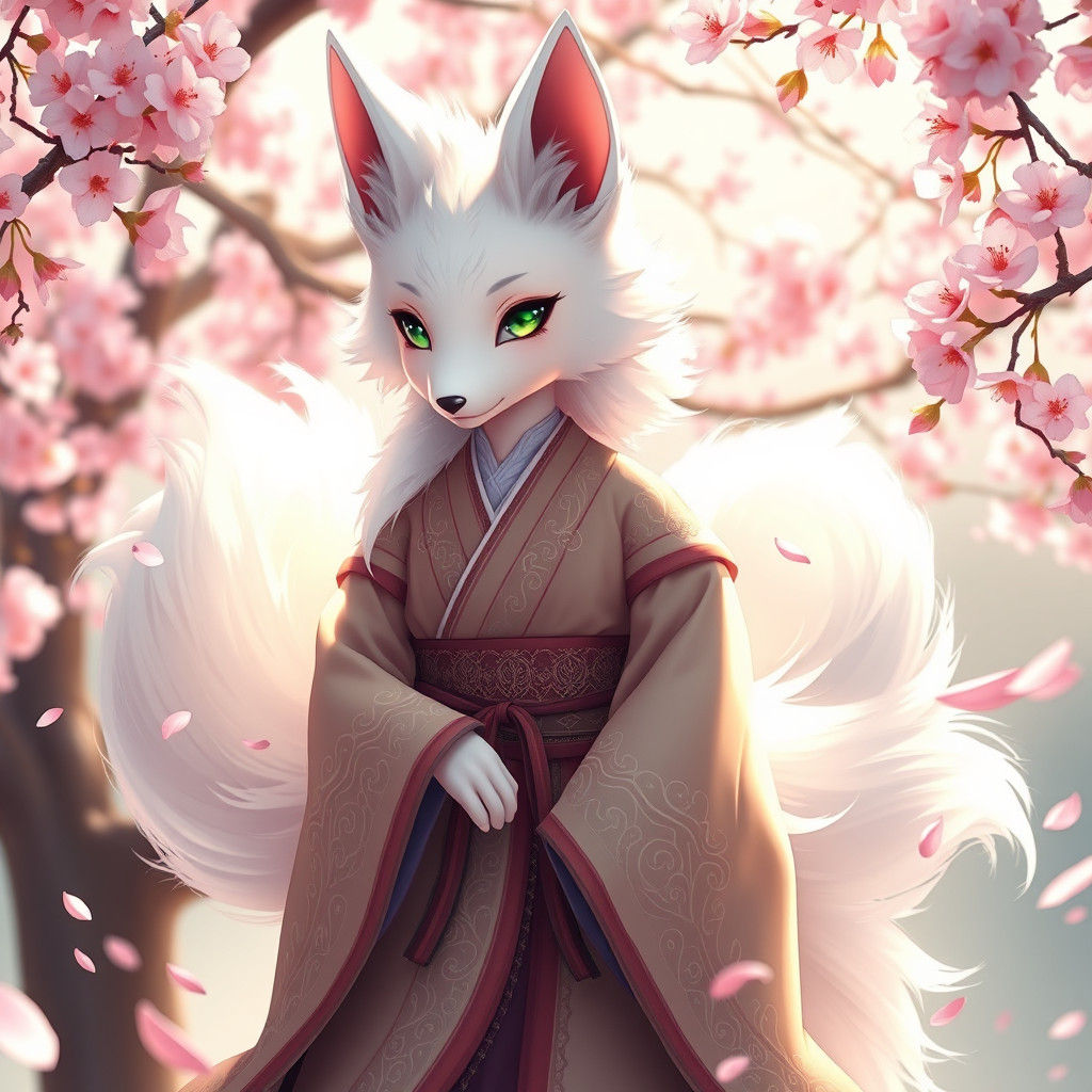 White Kitsune Surrounded by Sakura - Surreal White Kitsune G...