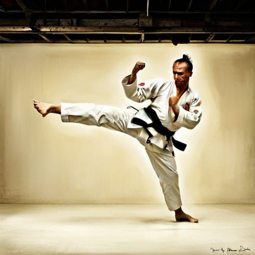 Tae Kwon Do Black Belt doing a Flying side kick Extremely detailed ...