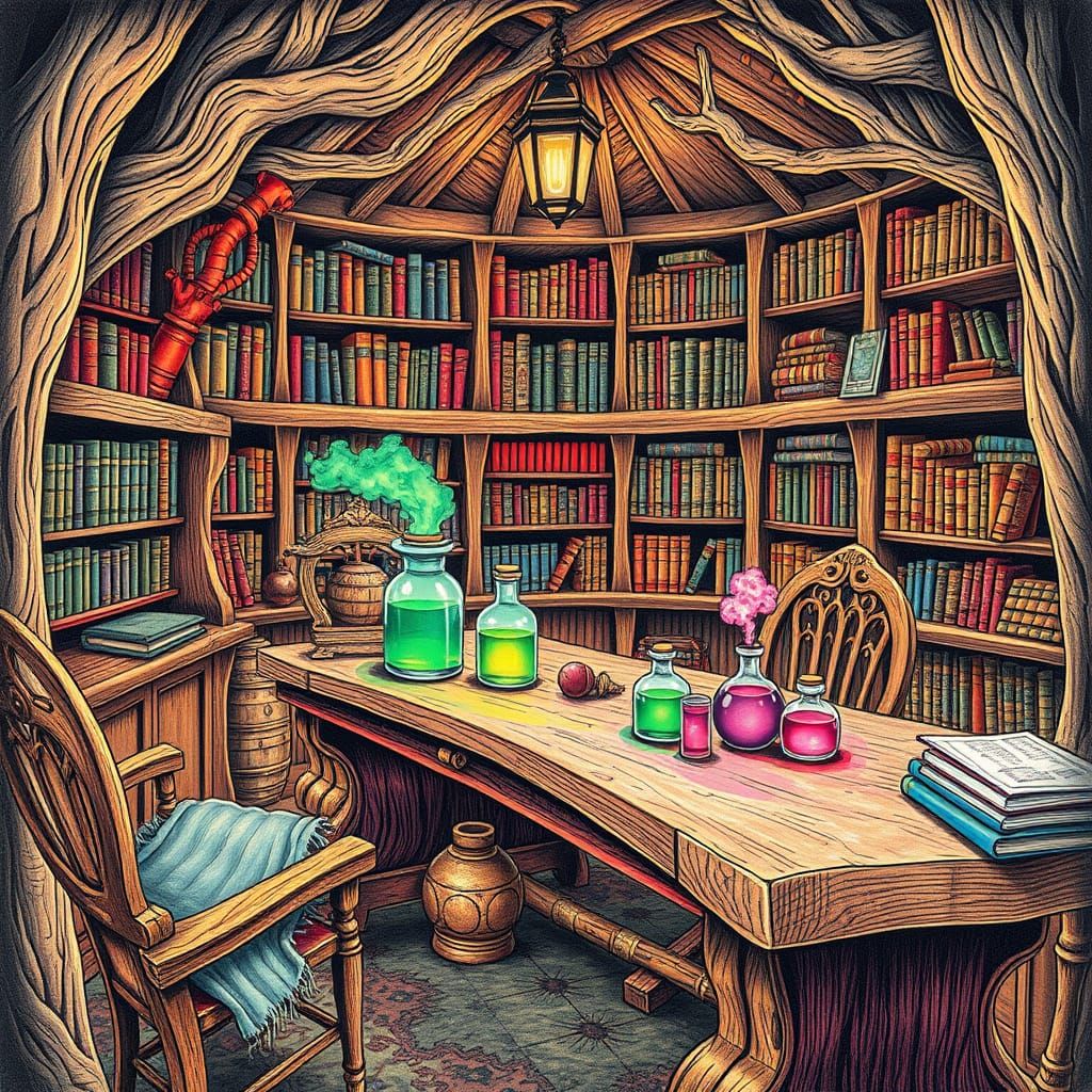 Warm and Cozy Wizard's Study in Fantastical Fine-L... - AI Art