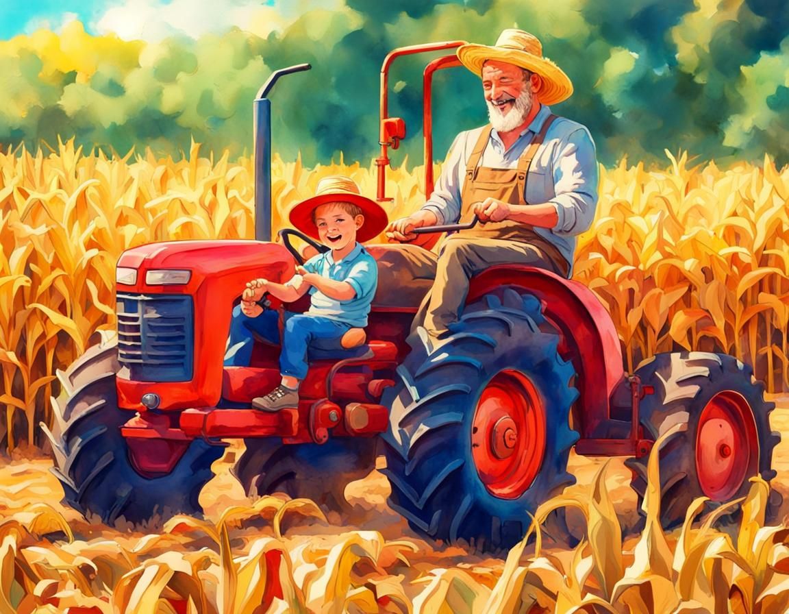 A Happy Farm Life: Joyful grandfather and grandson in the corn fields ...