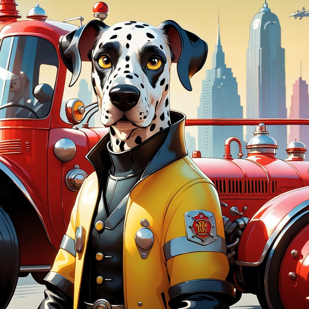 Dalmatian firefighter driving a firetruck