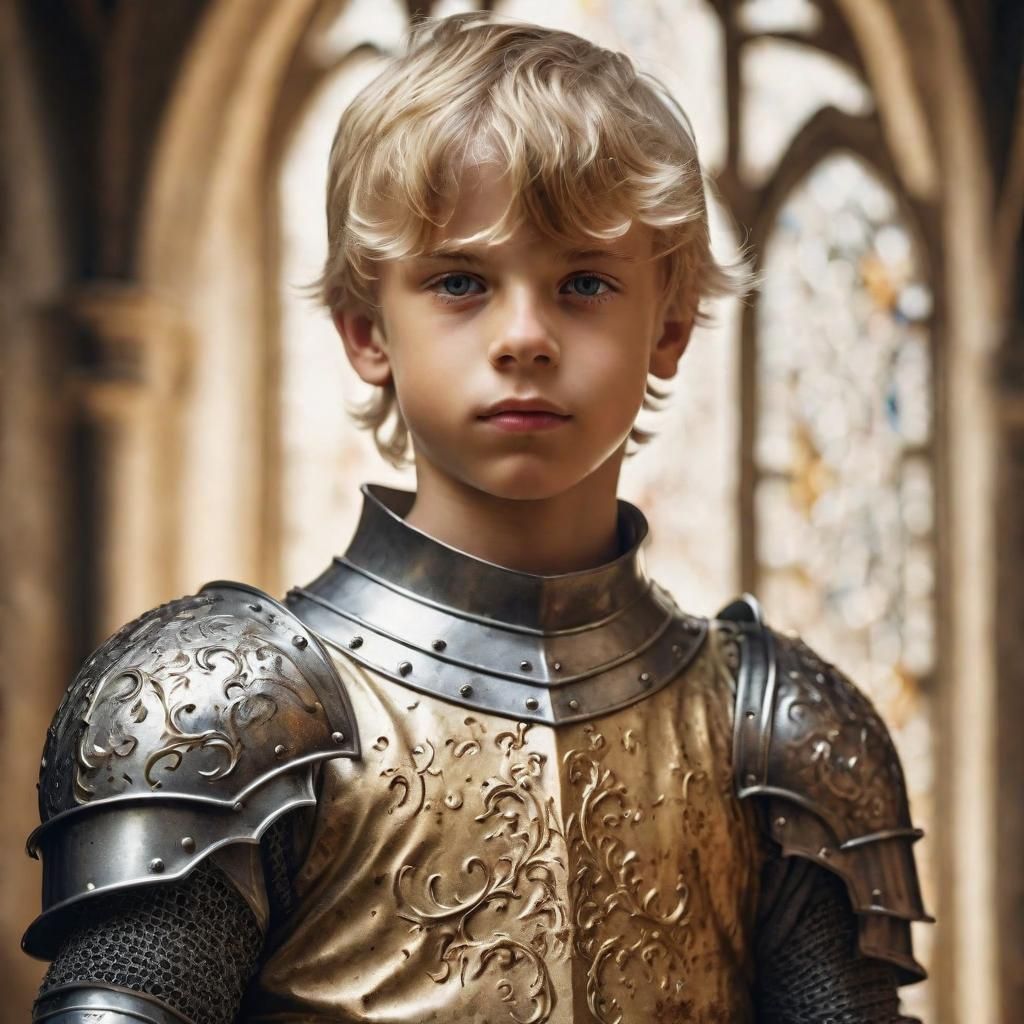 standing front of blond boy adolescent he is a medieval knight in love ...